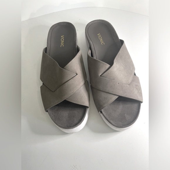 Vionic | Shoes | Vionic Womens Crisscross Leather Gray White Slides ...